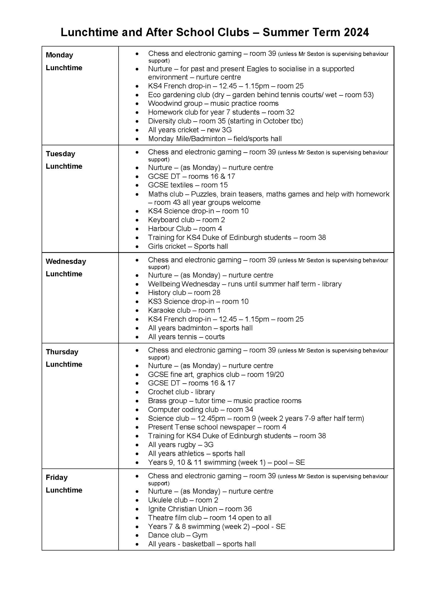 Clubs - Autumn term 2024 - Aylsham High School