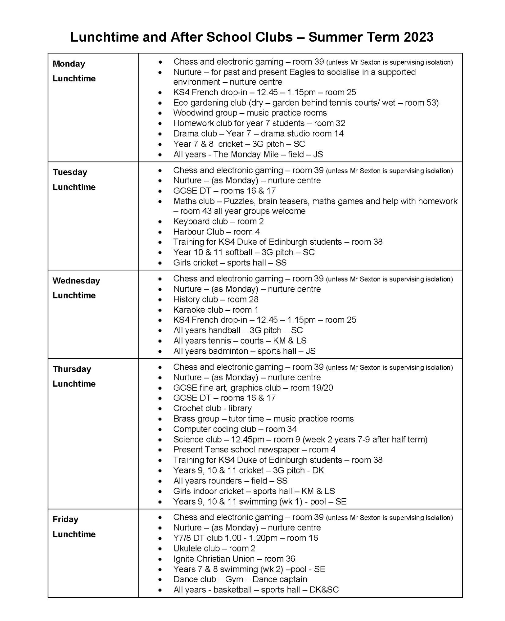 Clubs - Summer term 2023 - Aylsham High School